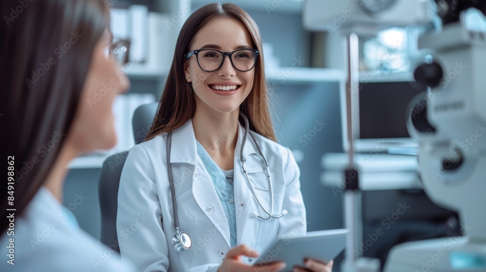 Prescription lens testing with an optician and woman customer. A woman ...