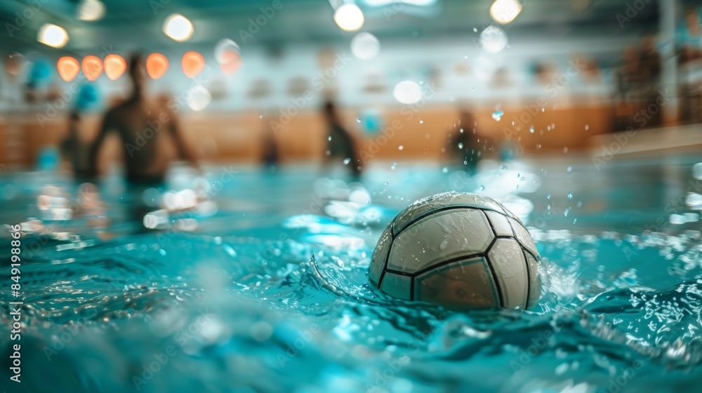 Water polo, ball, and splash with swimmers in pool training, fitness ...