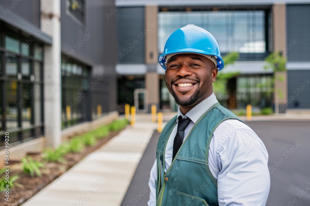 Photo of engineer and black man with helmet, smiling, and building ...