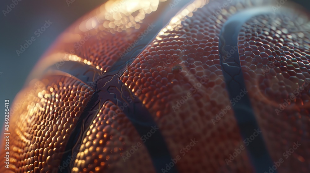 A close-up view of a basketball reveals its textured surface ...
