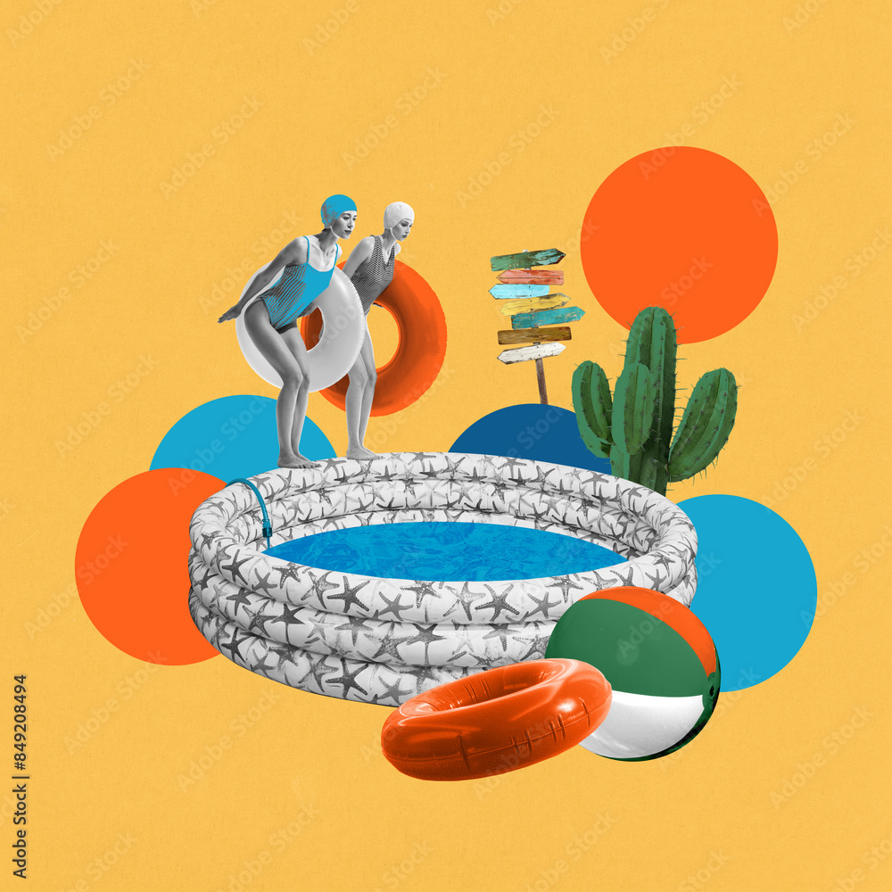 Young women in swimsuits and caps with ready to jump into stand ...