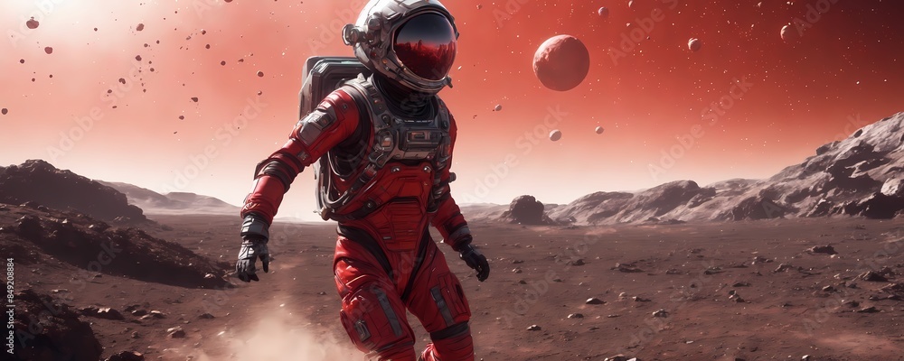 Astronaut in red space suit on martian like planet. Extremely detailed ...