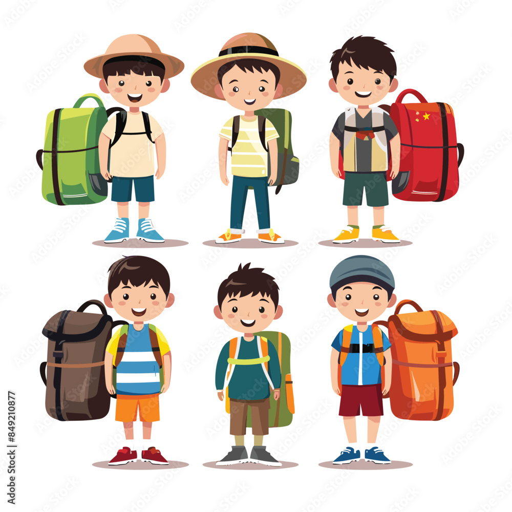 Six cartoon boys ready adventure backpacks, smiling, excited, dressed ...