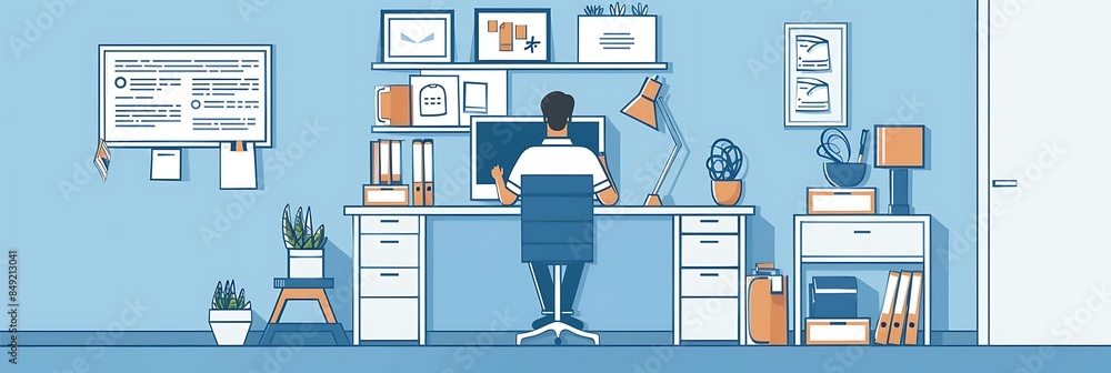 remote work area with a white desk, blue chair, and white drawers ...