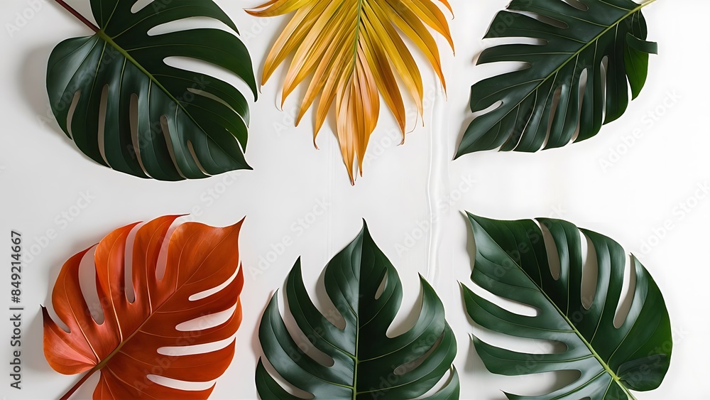 Topical exotic colored leaf pattern on white background flat lay top ...