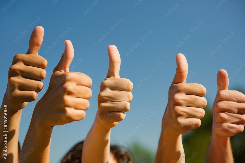 Five hands with thumbs up against blue sky. Satisfied. Approved ...
