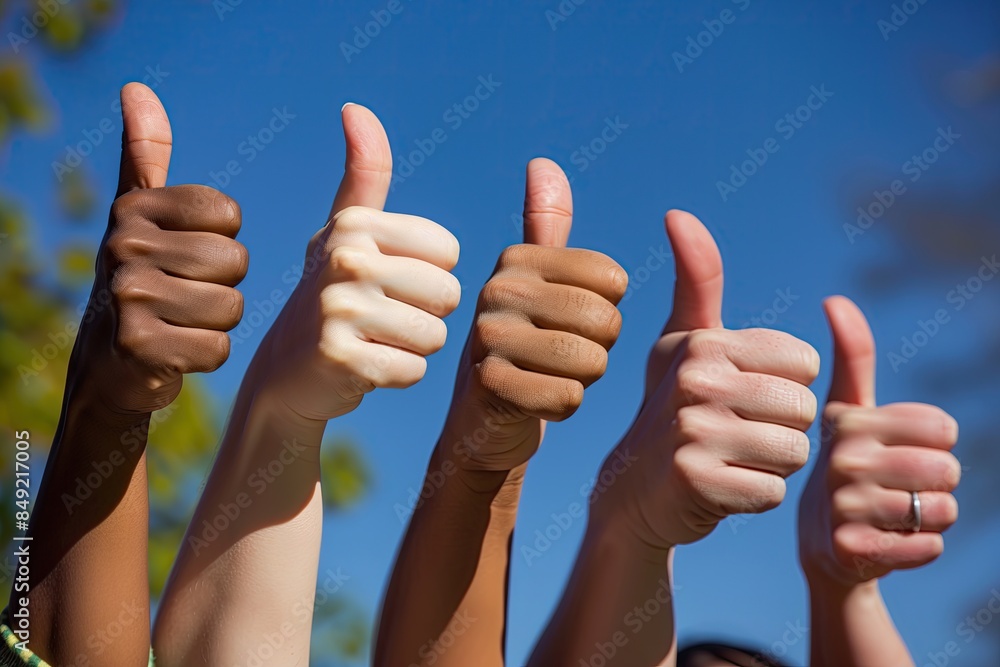 Five hands with thumbs up against blue sky. Satisfied. Approved ...