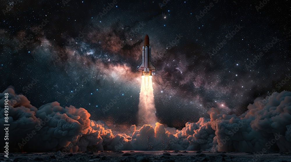 A space rocket launch illuminates the dark blue sky with smoke and ...