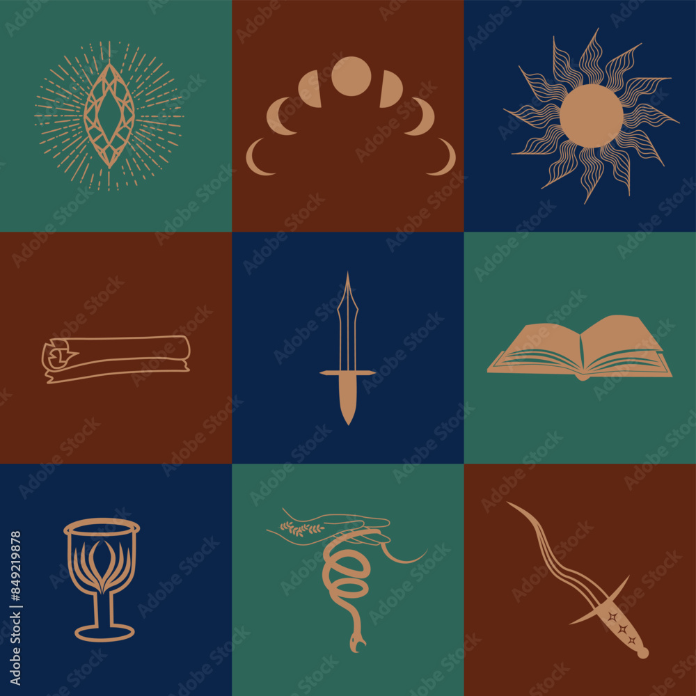 Set of magic symbols, celestial seamless pattern. Astrological, magical ...