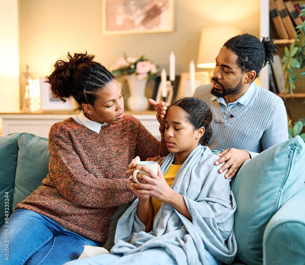 child mother family care home woman sick flu fever daughter health girl ...