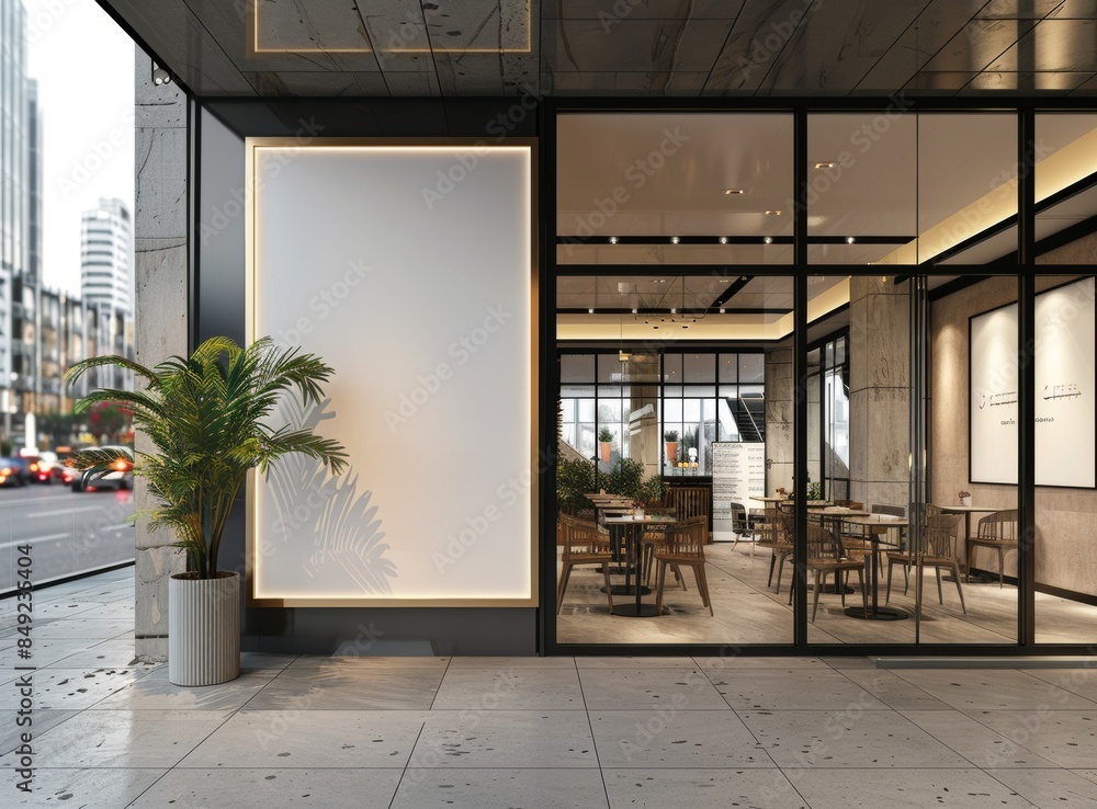 The exterior of a cafe with a round blank sign and large windows ...
