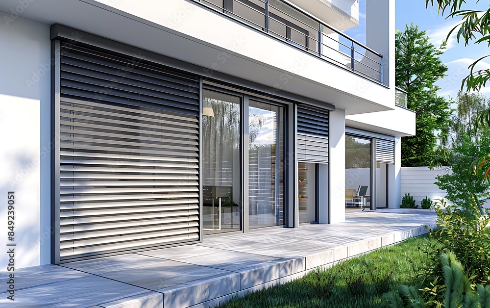3d rendering of modern house with exterior roller shutter doors on the ...