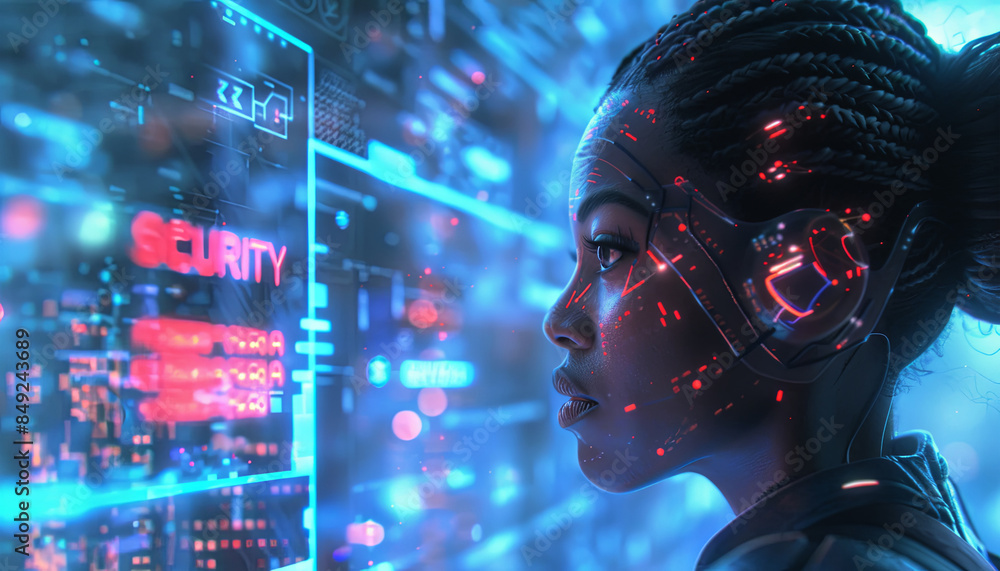 AI cyber hacking concept banner. Black female cyberspace security IT ...
