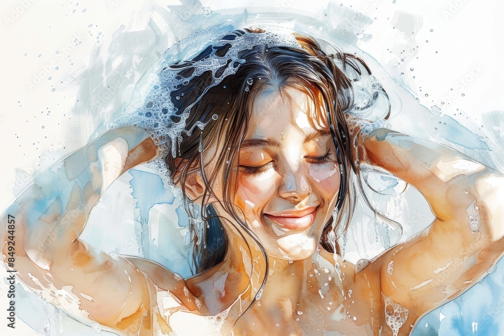 Golden Cascade: Captivating Woman Embraces the Serenity of a Hair Wash ...