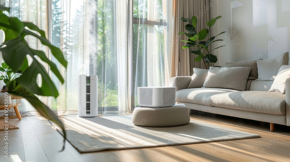 A modern air purifier in a bright living room, with clean and ...