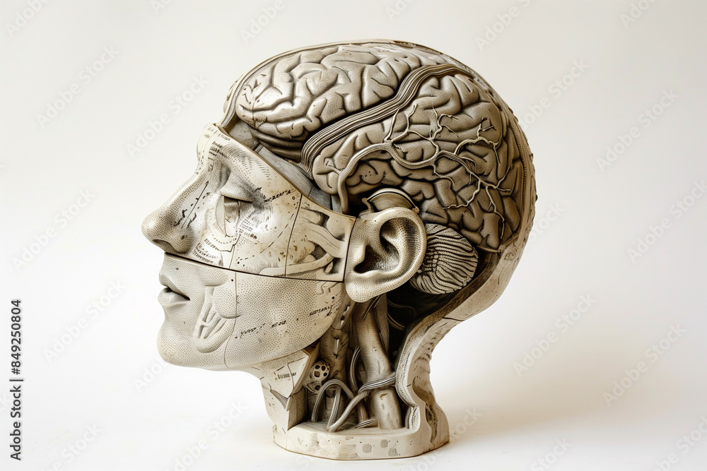 sculpture of the human head with an anatomical brain and ear, model of ...