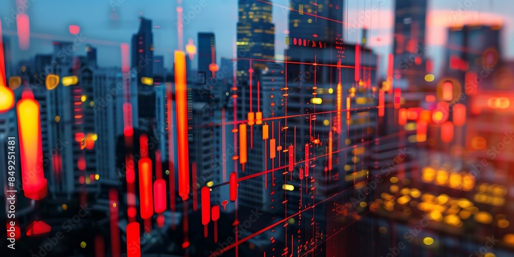 A stock market graph with red and yellow candles, rising on the left ...