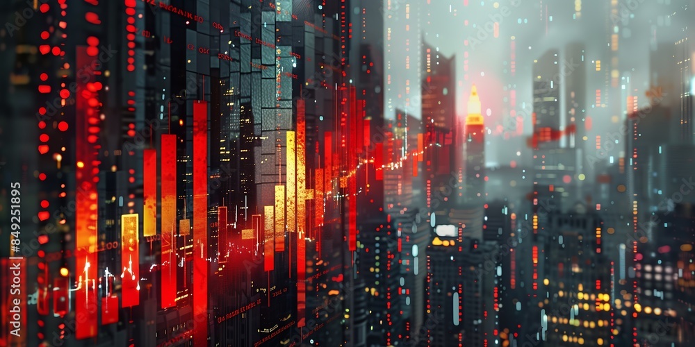 A stock market graph with red and yellow candles, rising on the left ...