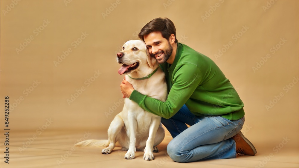 Man Hugging His Labrador Retriever - A man kneeling down to hug his ...