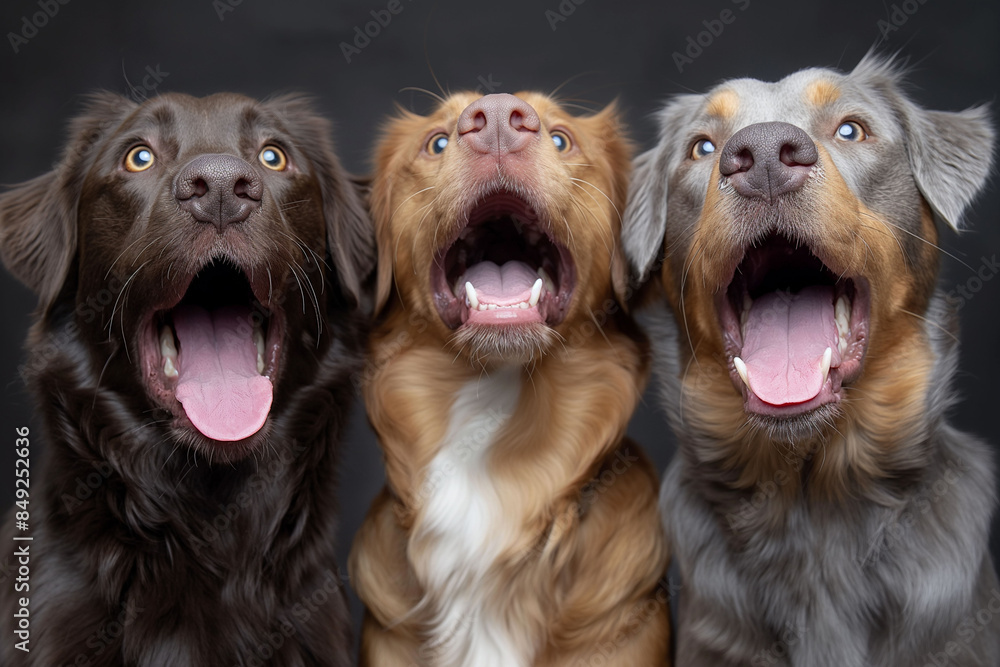 Meme with Three dogs with expressive faces are gazing upwards with ...