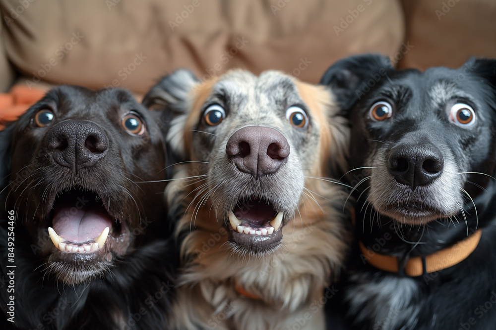 Meme with Three dogs with expressive faces are gazing upwards with ...