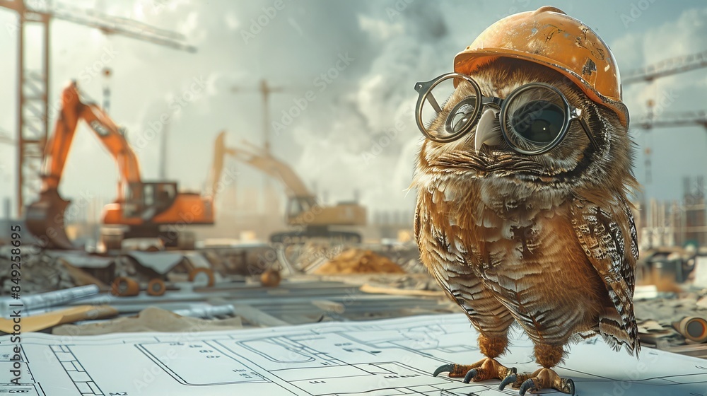 An ultra-clear shot of an owl in a civil engineer’s attire, complete ...
