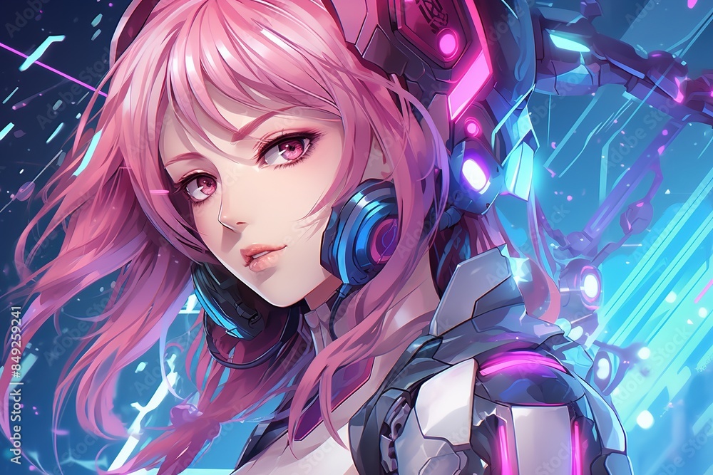 Cyborg Anime girl portrait of a pretty lady in robot suit, pink purple ...