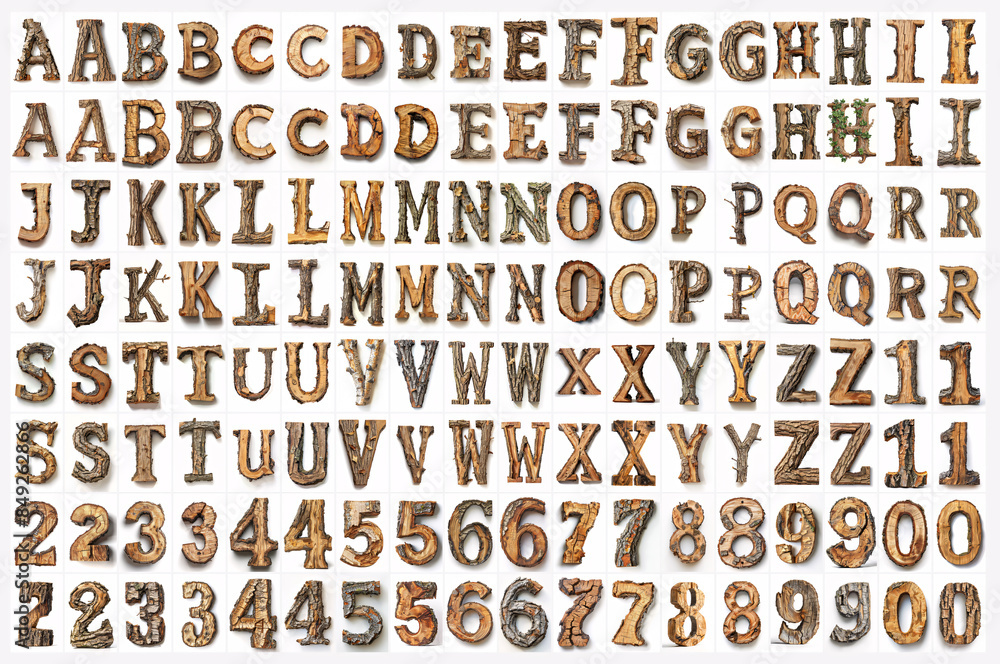 comprehensive set of alphabet letters and numbers crafted in a ...