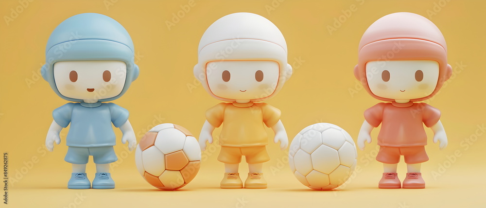 set of Adorable clay ,a soccer players , muted pastels, 3D clay icon ...