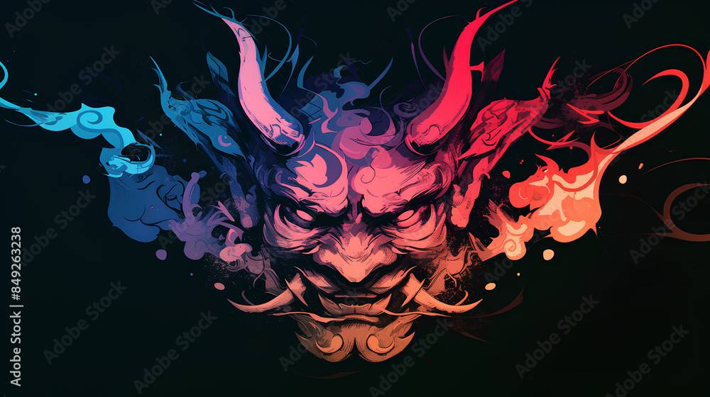 drawing a Japanese oni face model with swirls and brush strokes Stock ...