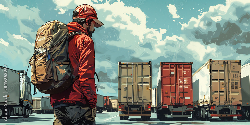 Stylized illustration of a logistics worker in a red jacket and cap ...