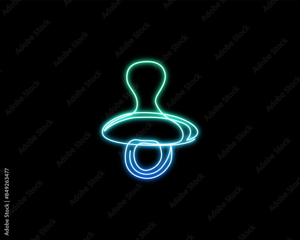 Baby pacifier with neon light glow effect. Continuous one line drawing ...