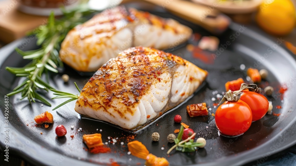 Enhancing fresh fish fillets with dry aromatic spices by the chef ...