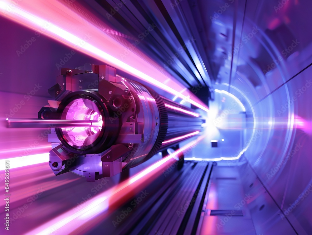 Intense synchrotron light beams, precise focus, side view, emphasizing ...