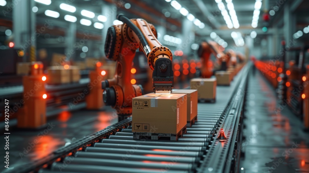 A robotic arm efficiently labels boxes on a conveyor belt in a ...