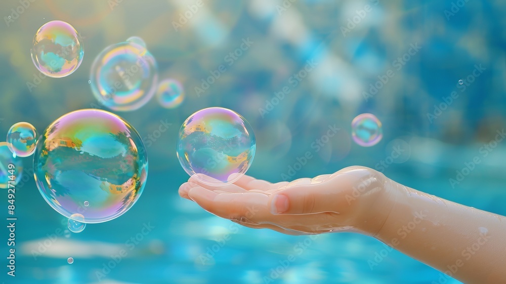 Foamy soap bubbles on a childs hand in a playful setting, side view ...