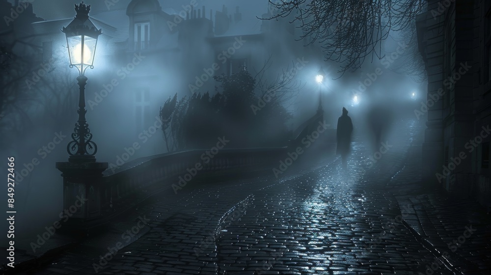 Spooky Victorian Street with Fog, Gas Lamps, and Mystical Figures for ...