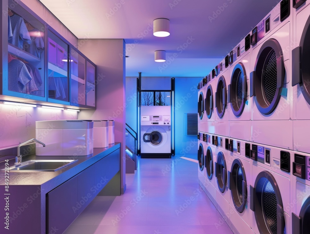 Dormitory laundry room, students doing laundry, modern machines ...
