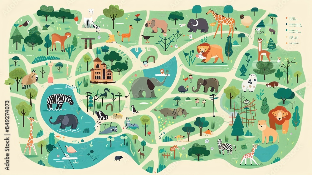 A map of a zoo with various animals. The animals are in different ...