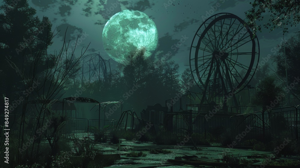 Eerie Abandoned Amusement Park Under Full Moon with Overgrown Vegetation and Rusting Rides Stock ...