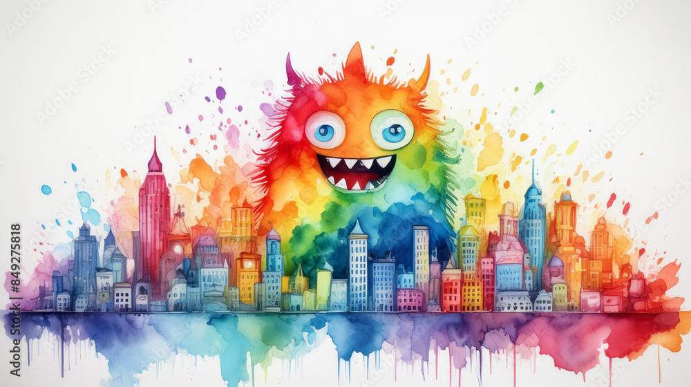 Rainbow Watercolor Painting, City Monster Cityscape, background texture ...