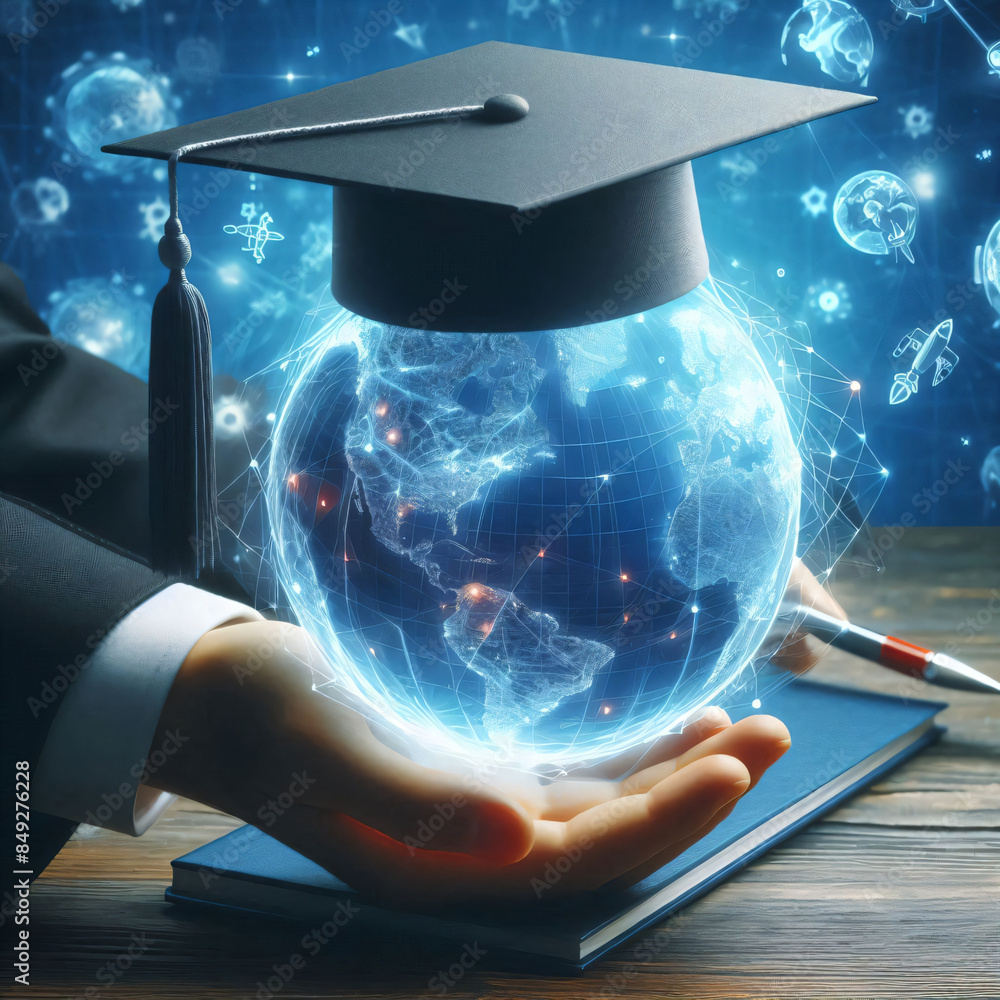 Graduation cap with Earth globe. Concept of global business study ...