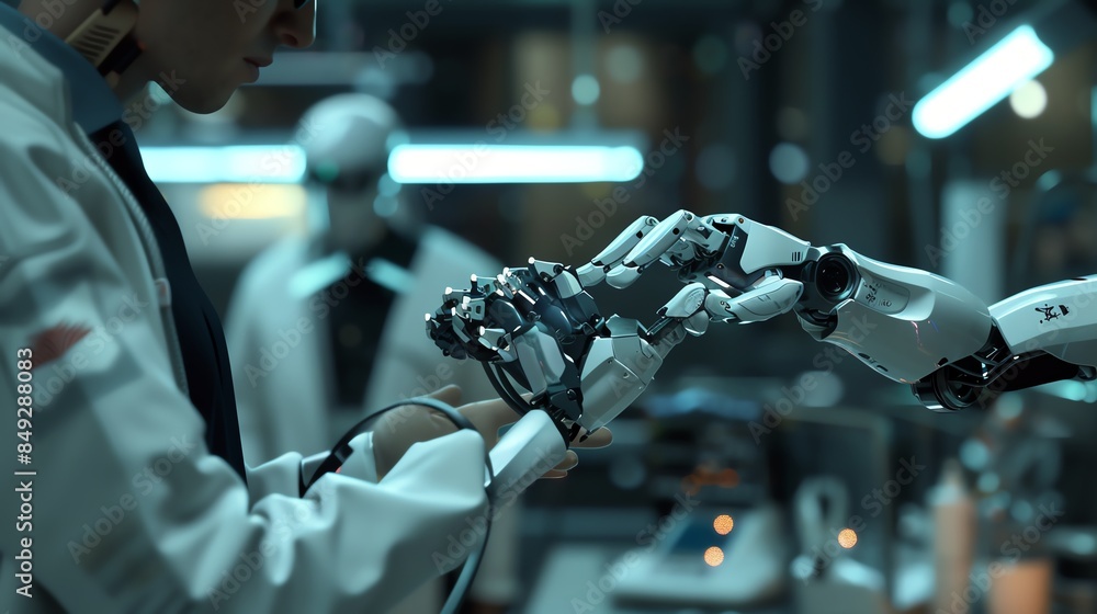 A scientist examines a robotic hand in a high-tech laboratory ...