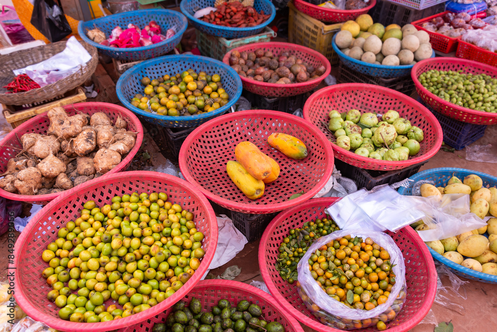Tropical fruits and vegetables on local street market in Cambodia Stock ...