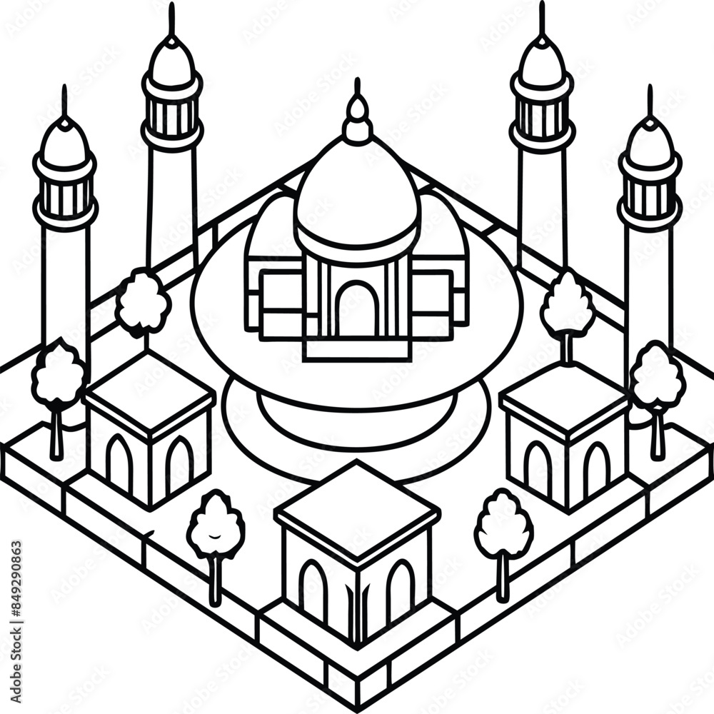 Mosque coloring pages. Outline minaret and dome mosque vector design ...