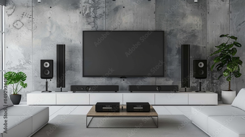 A modern living room setup with a sleek soundbar and speakers placed ...