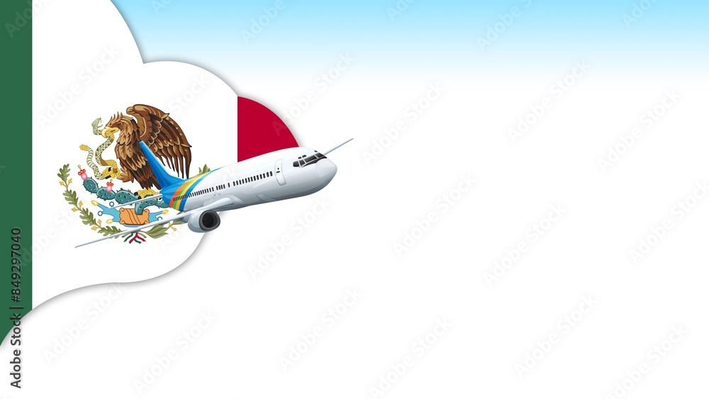 3d illustration plane with Mexico flag background for business and ...
