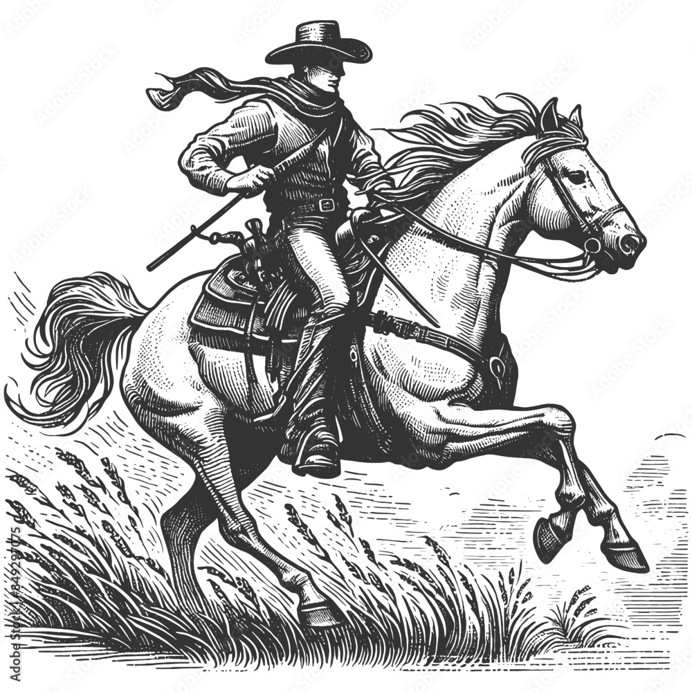 cowboy riding a galloping horse, with detailed hatching and dynamic ...