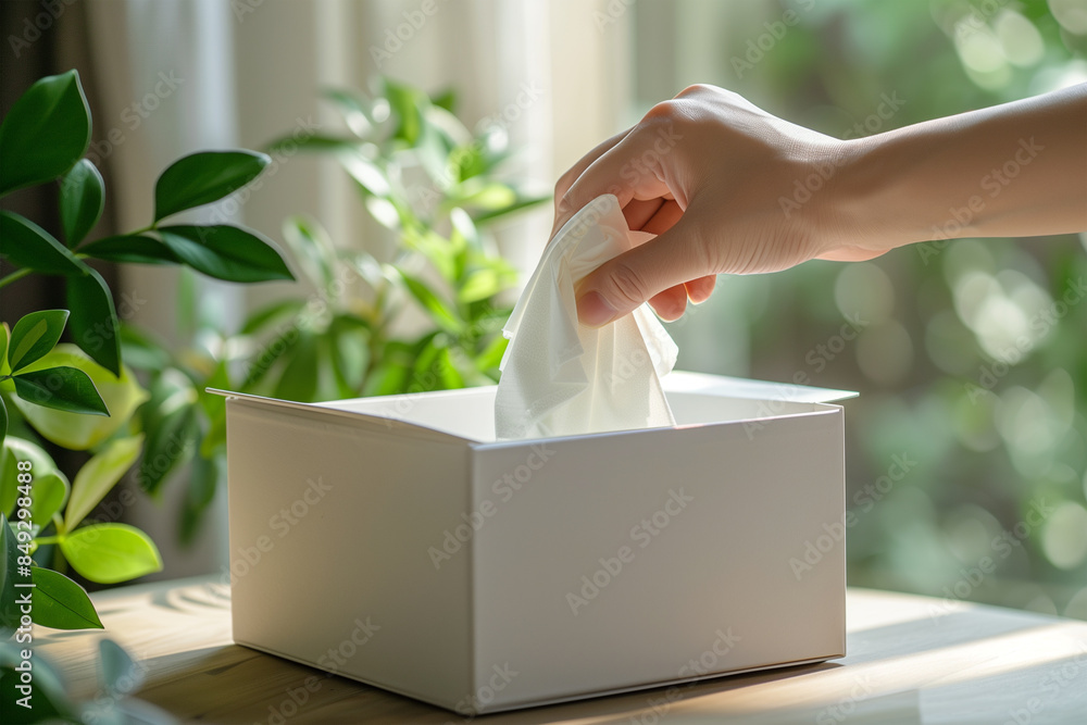Person Pulling A Facial Tissue From A White Box On A Table Stock Photo ...