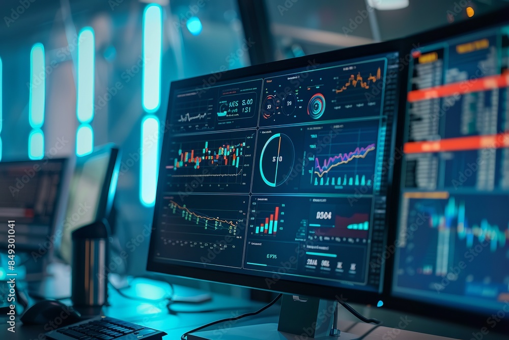 This is a detailed illustration of a multi-monitor trading setup with ...